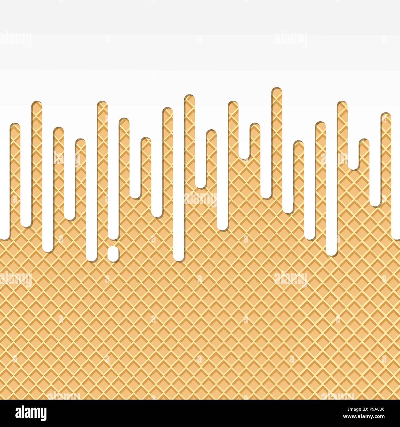 Dripping white ice cream flowing over waffle texture background. Cafe ...
