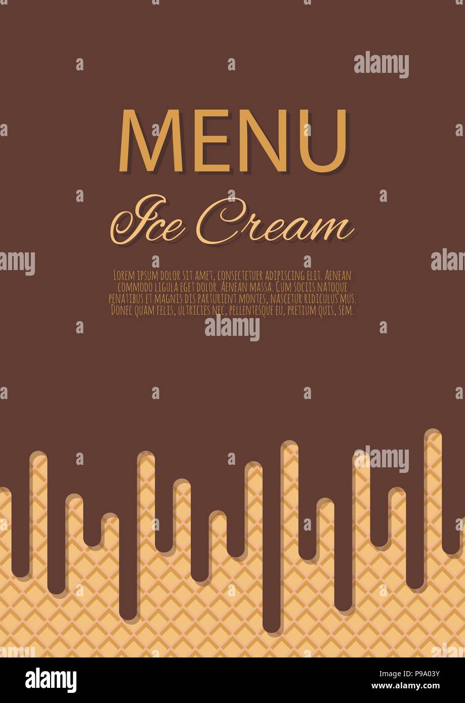 Chocolate ice cream flowing over waffle texture background . Cafe menu ...