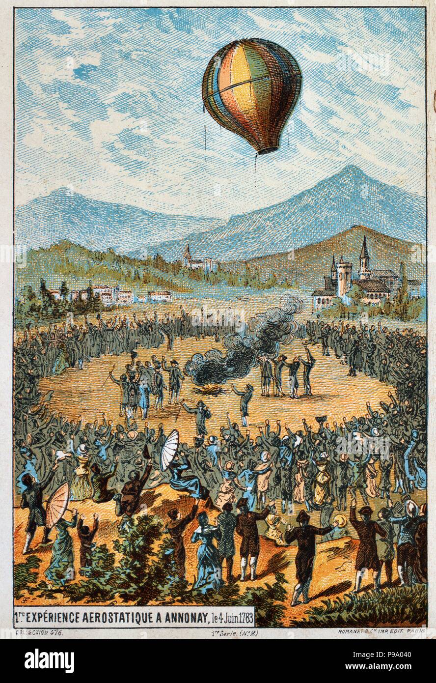 First test flight with an aerostat at Annonay, 1783 (From the Series ...