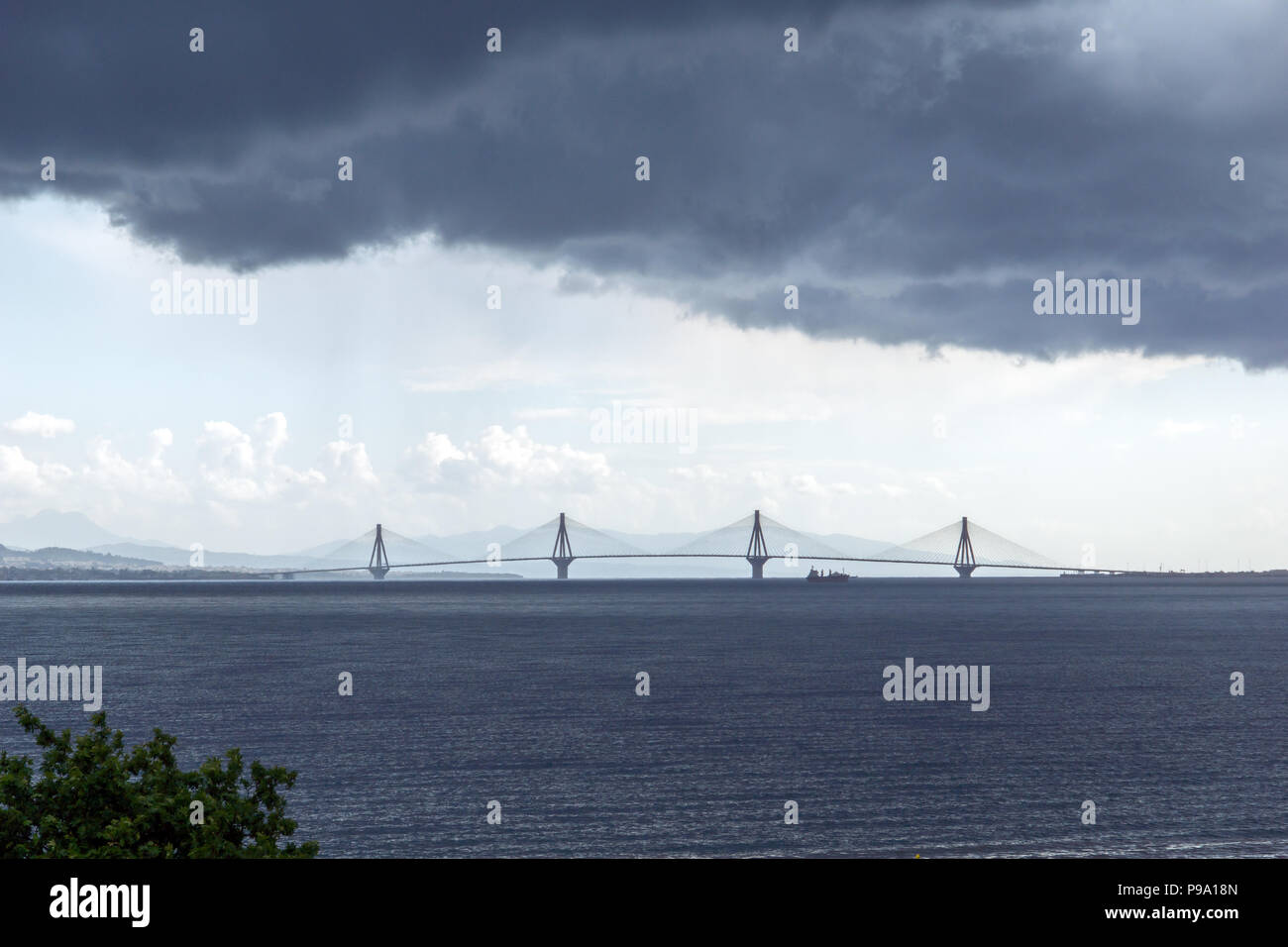 Panorama of The cable bridge between Rio and Antirrio from Nafpaktos ...