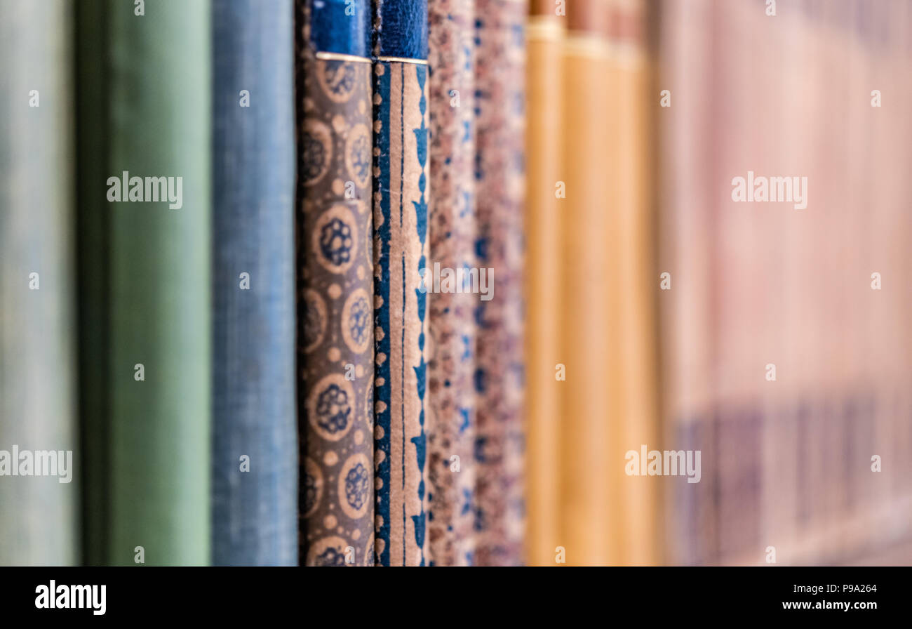 Row of aged retro books spine on shelf detail with selective focus ...