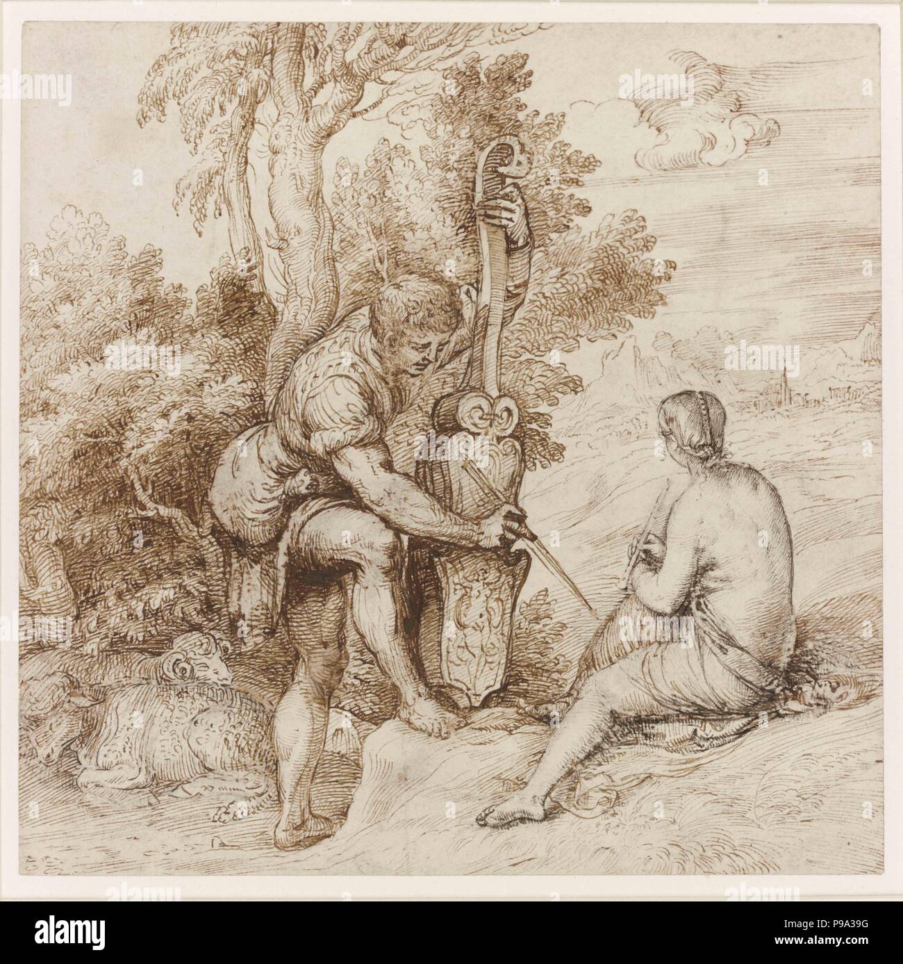 Two Arcadian Musicians in a Landscape. Museum: BRITISH MUSEUM Stock ...
