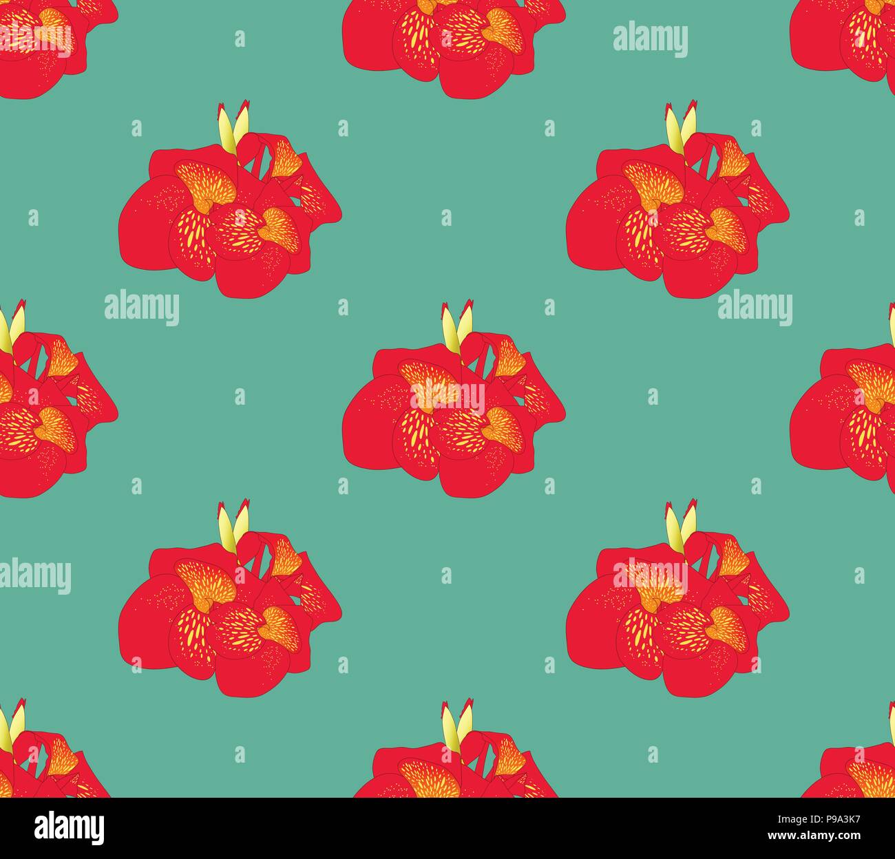 Red Canna Lily Flower Seamless on Green Teal Background. Vector ...