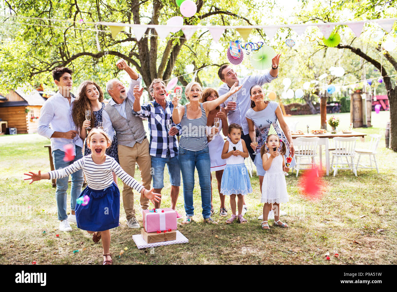 Family celebration or a garden party outside in the backyard Stock ...