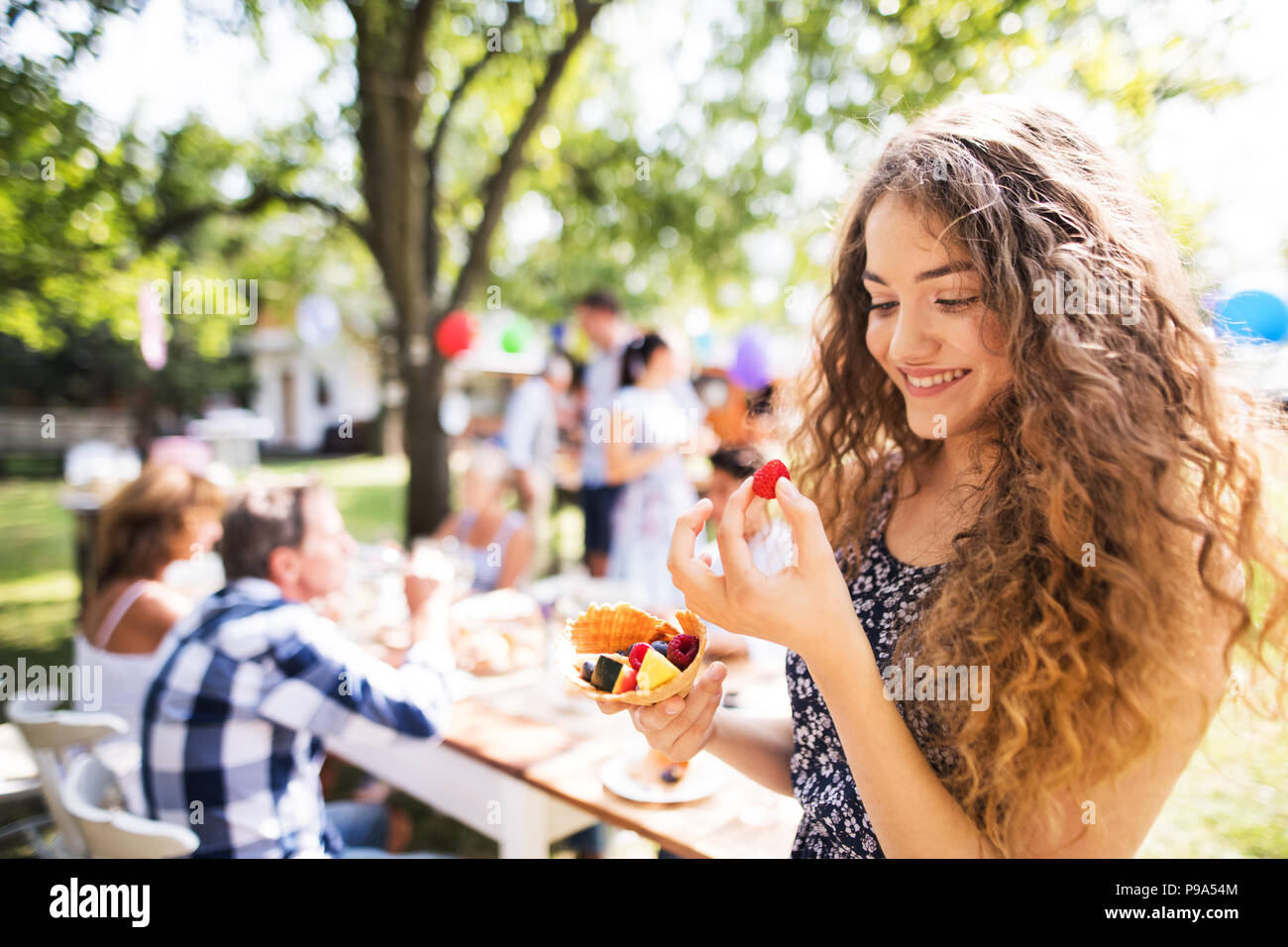 Family celebration or a garden party outside in the backyard Stock ...