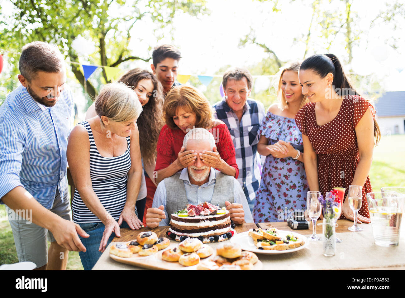 Family celebration or a garden party outside in the backyard Stock ...