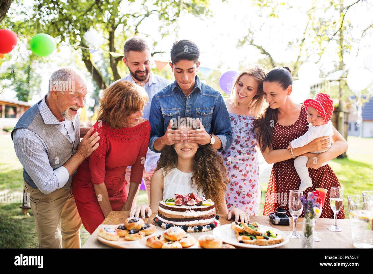 Family celebration or a garden party outside in the backyard Stock ...