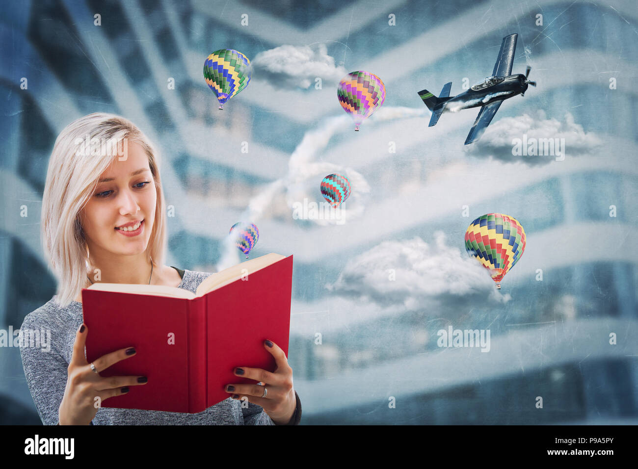 Captivating reading process as a young woman holding a red book ...