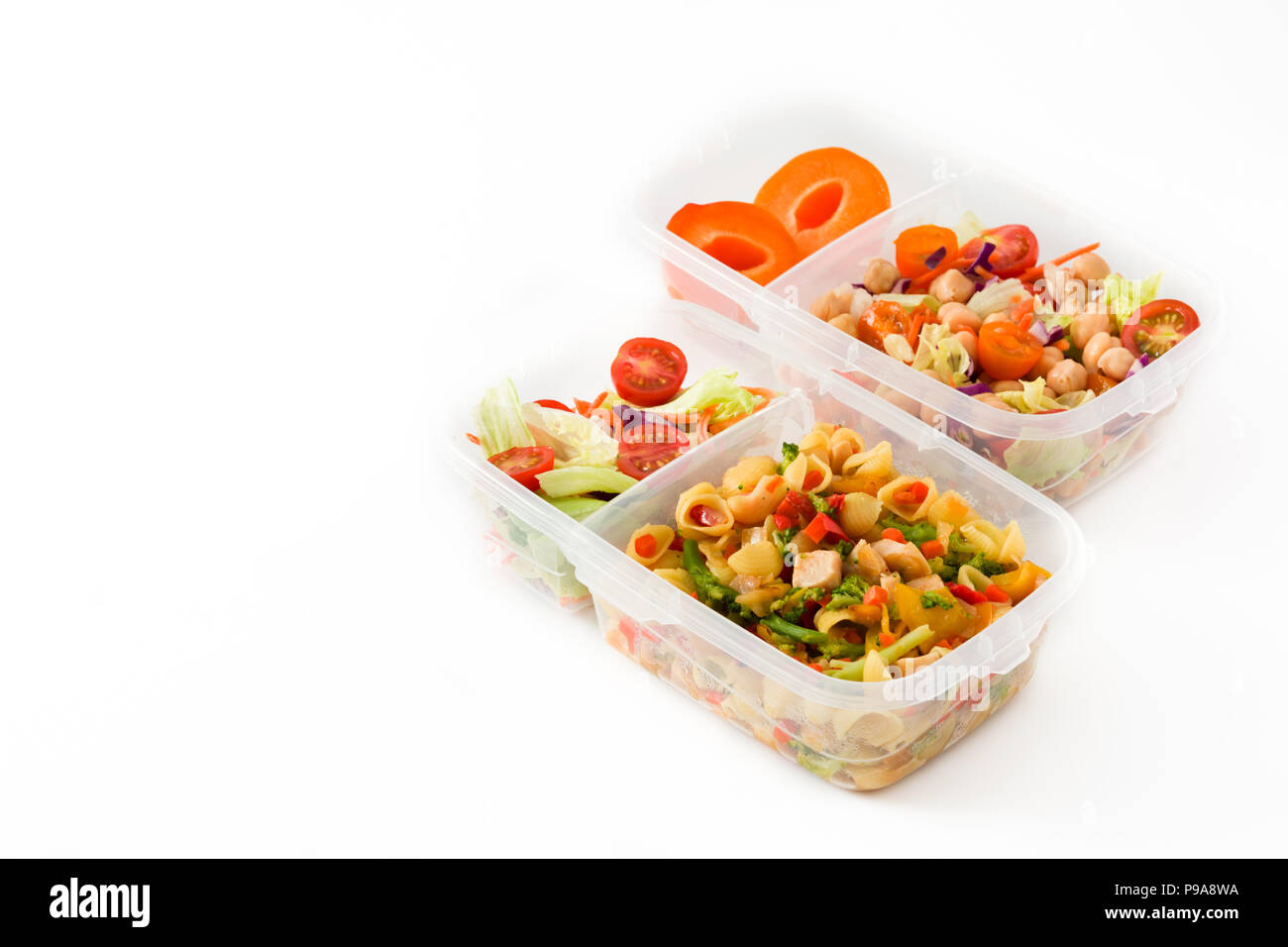 Healthy meal prep containers with pasta salad, vegetables, chickpea and ...