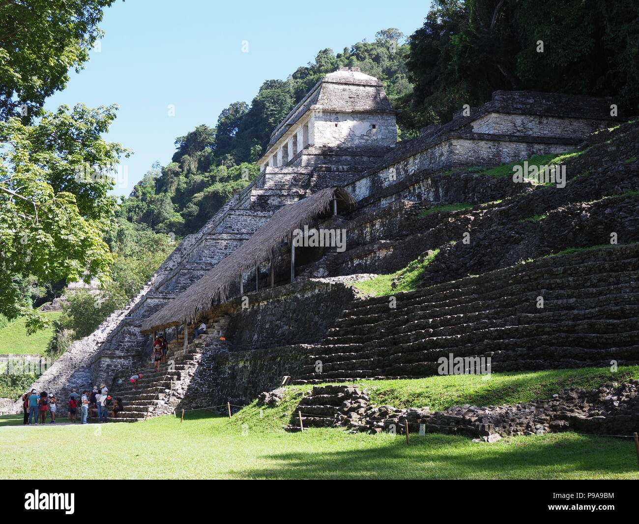 Group of three stony pyramids at ancient Mayan city of Palenque at ...