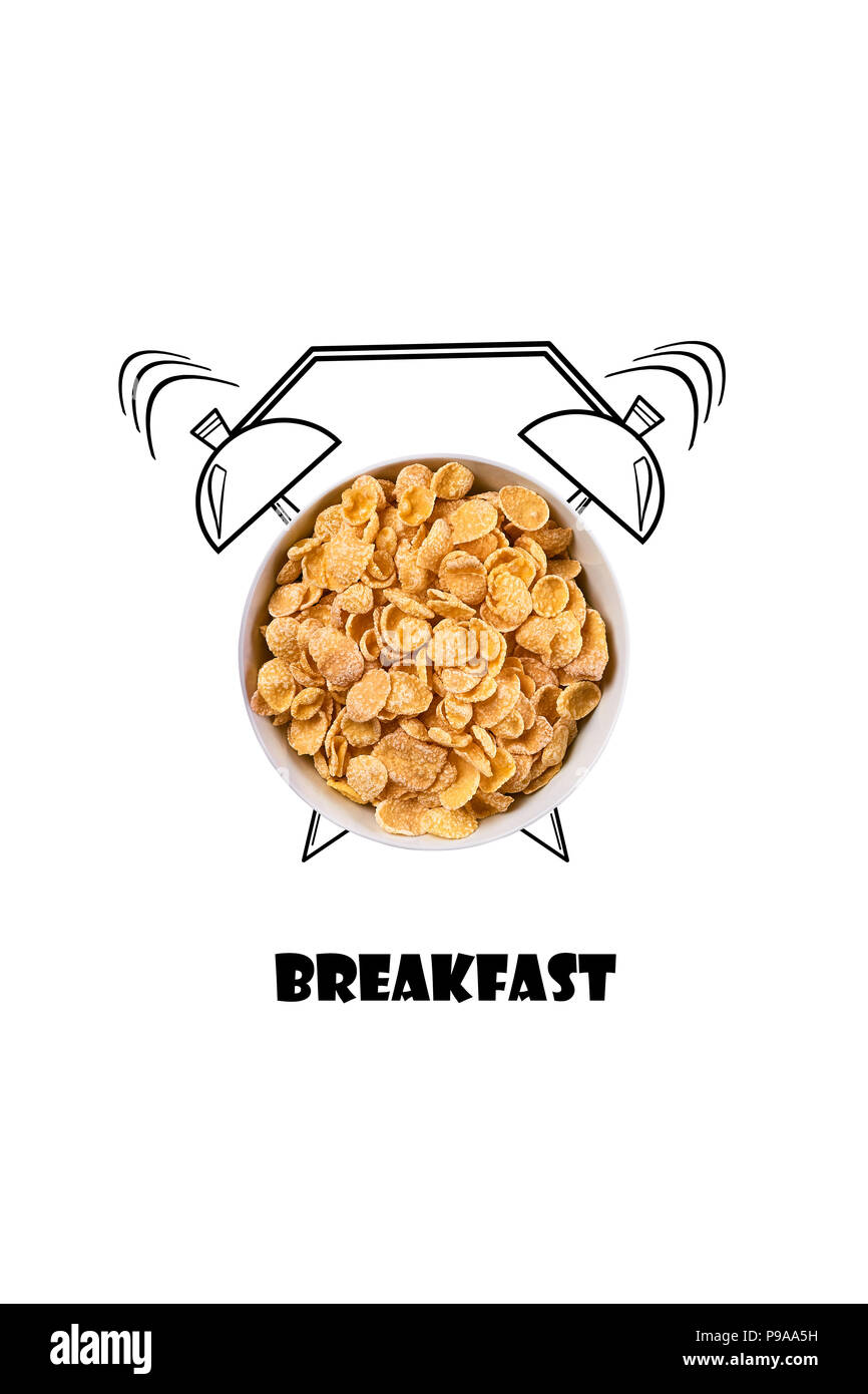 Breakfast time. Realistic cereals and painted alarm clock. Concept ...