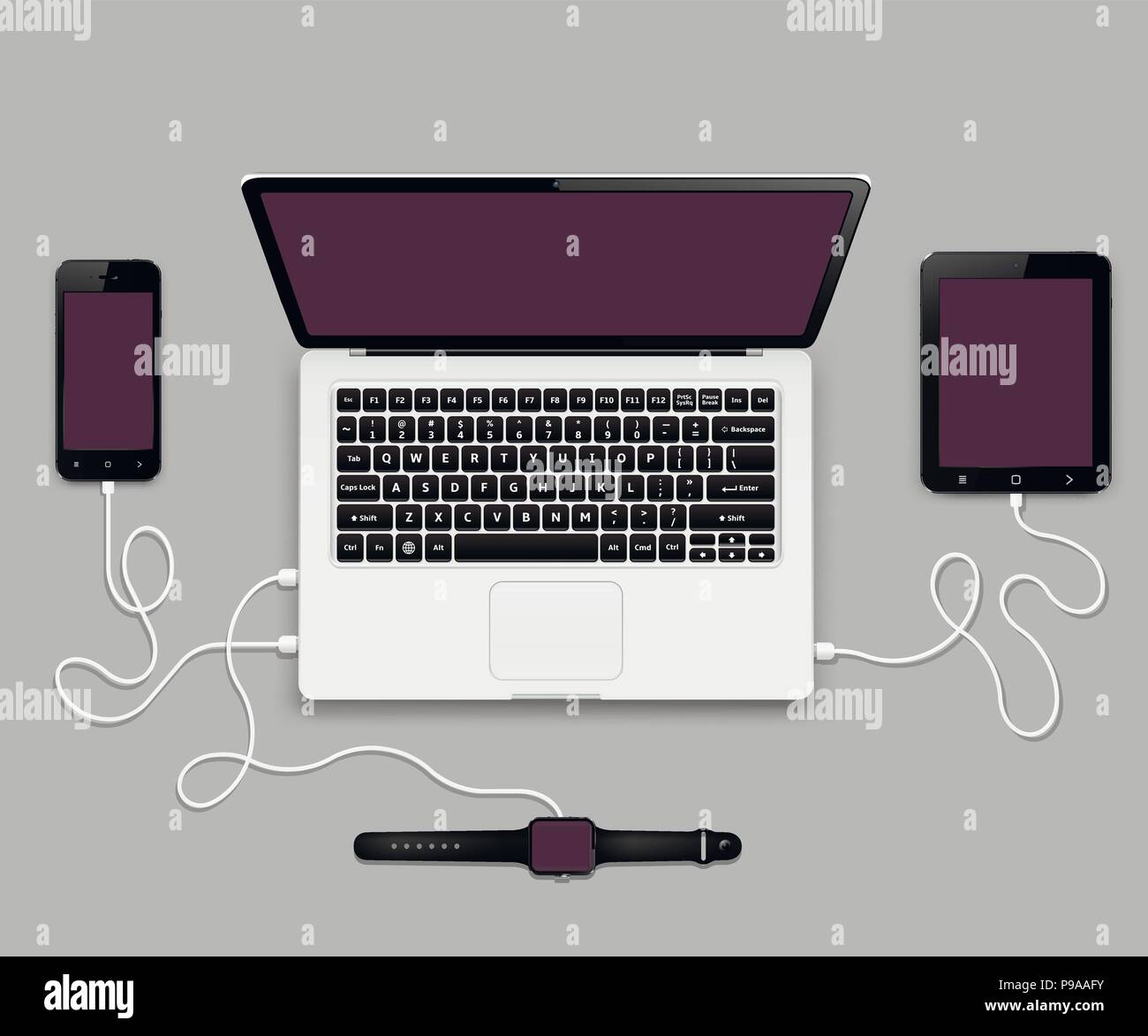 Mobile phone, tablet pc and smart watch connected to laptop computer ...