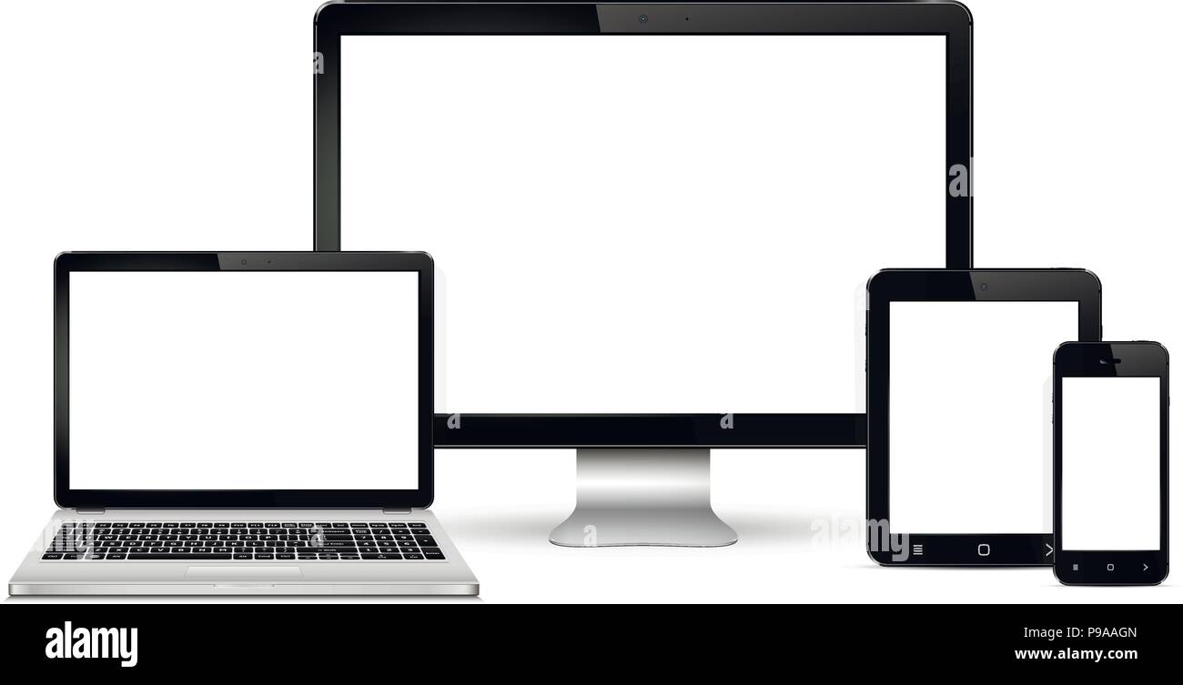 Computer monitor, laptop, tablet pc and mobile phone with blank screen ...