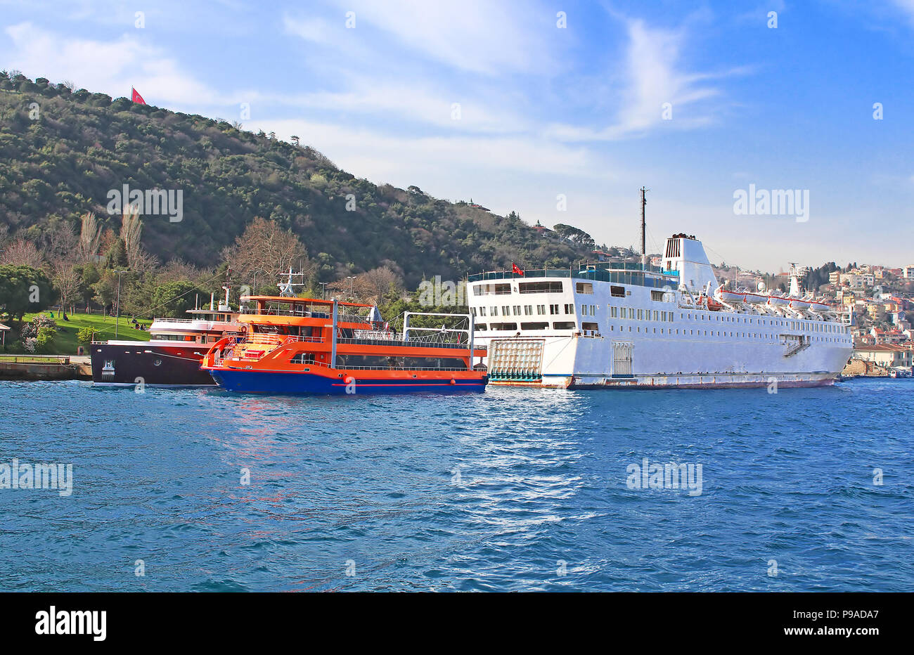 Ferry boat and pleasure boats in Bosphorus, Istanbul, Turkey Stock ...