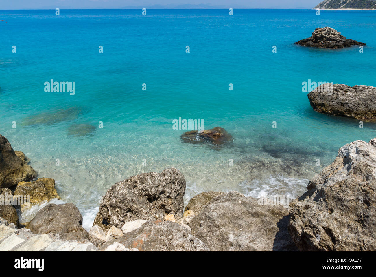 Panoramic view of Agios Nikitas Beach with blue waters, Lefkada, Ionian ...