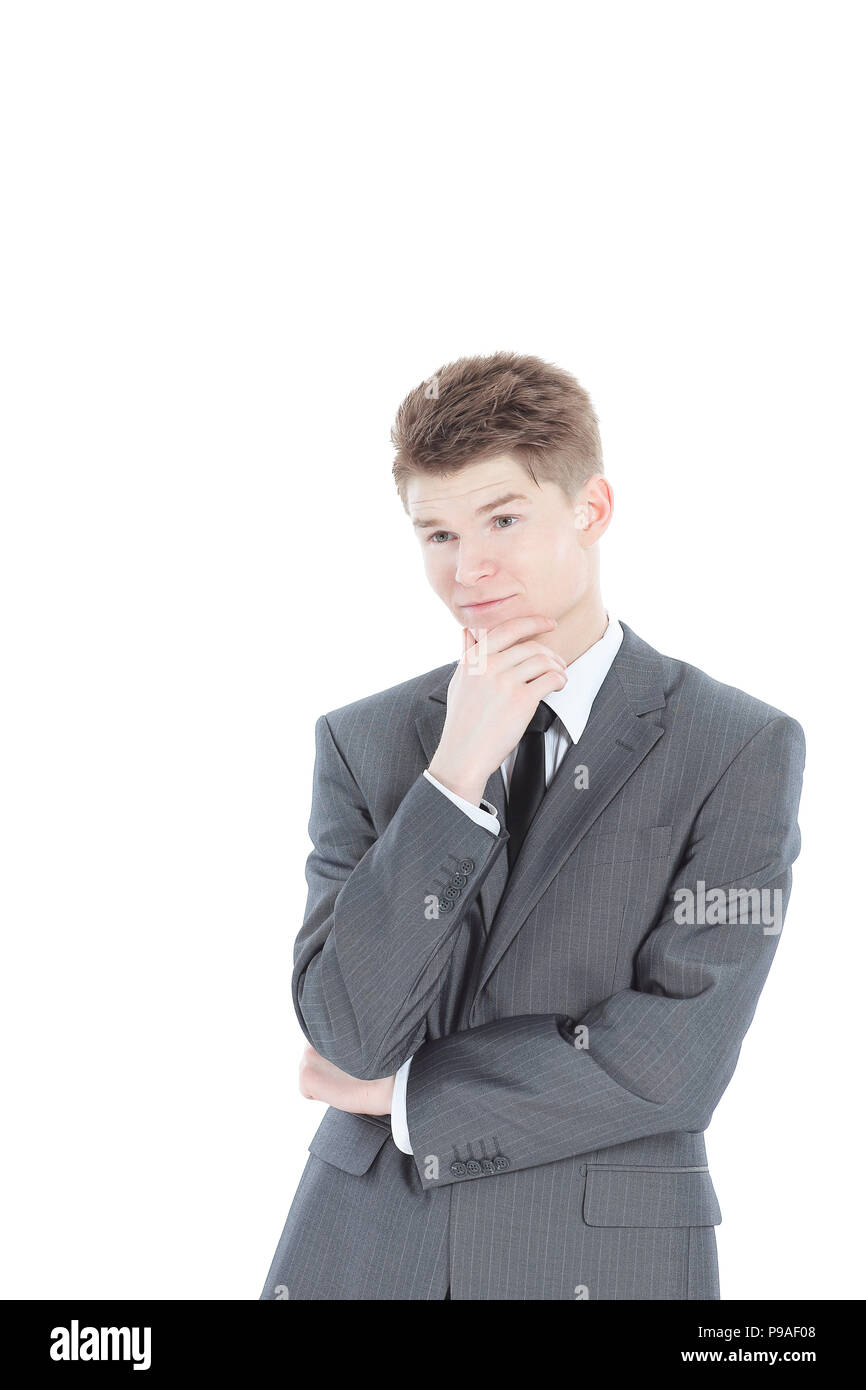 Pensive man props head with hand, isolated on white Stock Photo - Alamy