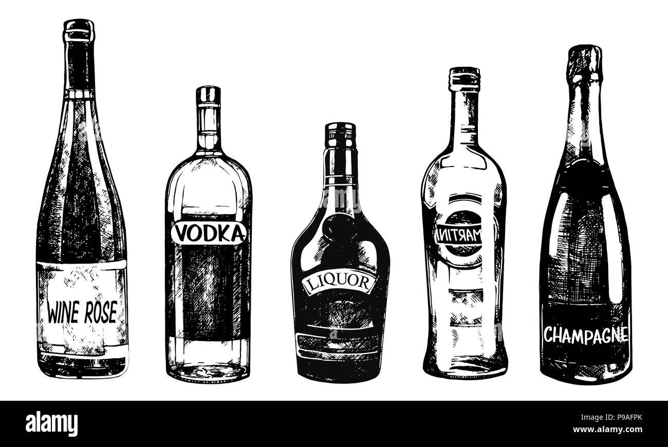 Set of hand drawn sketch style bottles of alcohol isolated on white ...