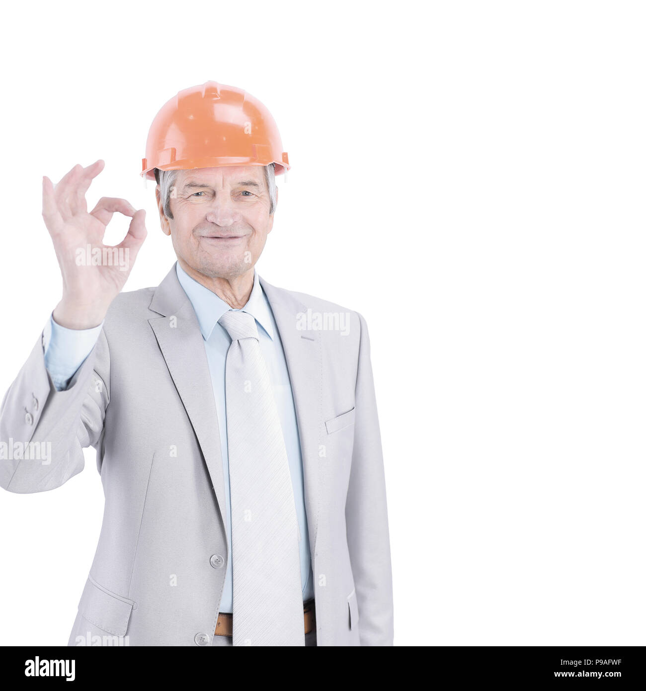 senior engineer showing OK sign. isolated on white Stock Photo - Alamy