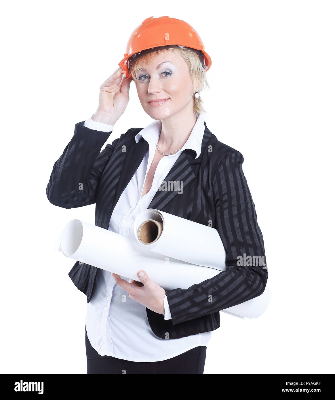 portrait of a female architect with blueprints Stock Photo - Alamy