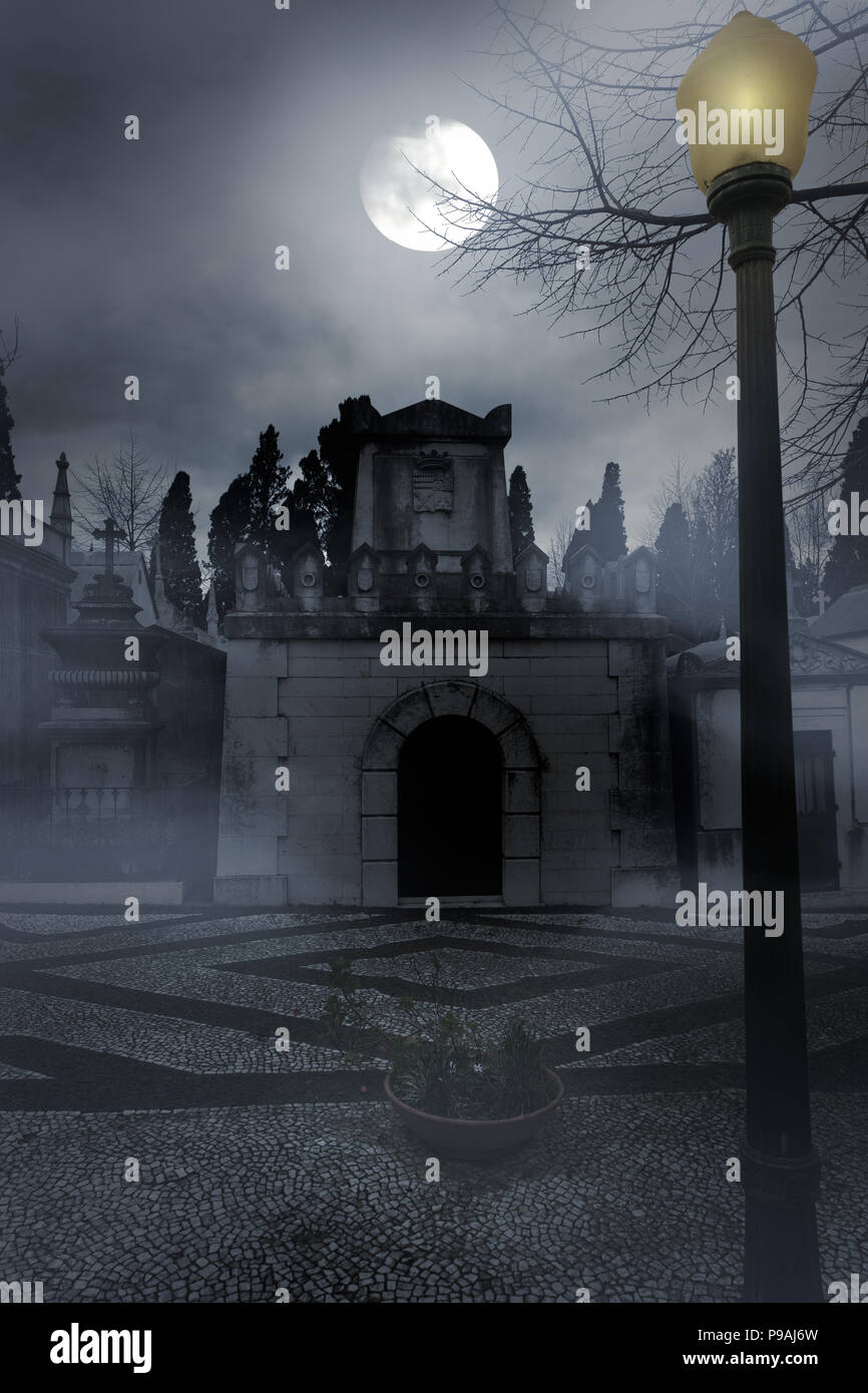 Old cemetery in a foggy full moon night Stock Photo - Alamy