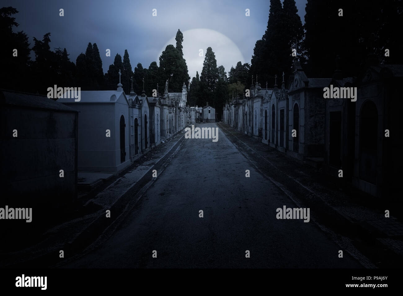Full moon night cemetery background Stock Photo - Alamy