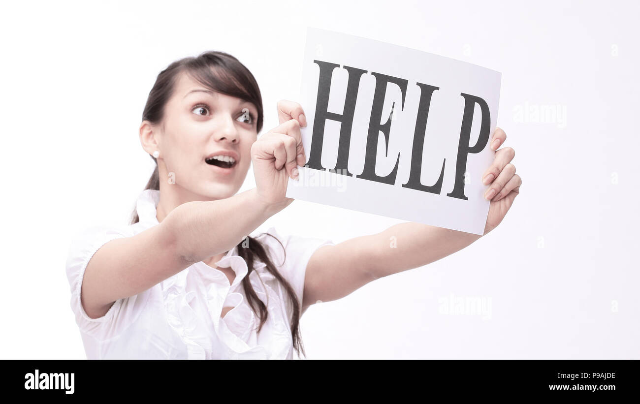closeup. business woman showing poster with the word help Stock Photo ...