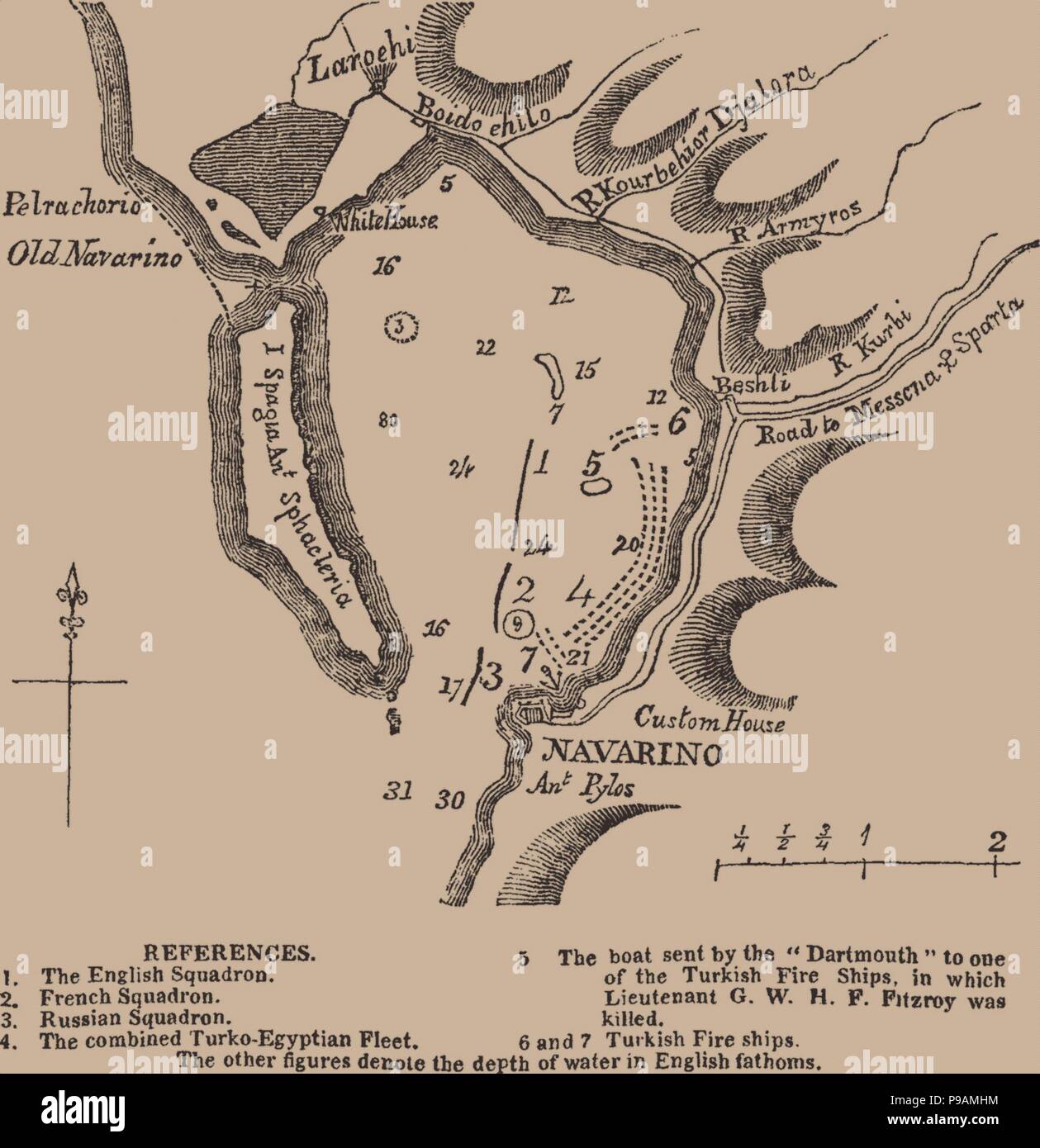 Map of Navarino bay. Museum: Russian State Library, Moscow Stock Photo ...