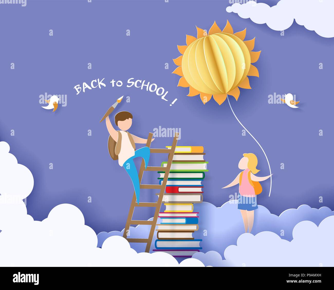 Back to school 1 september card with boy, books and sun on blue sky ...