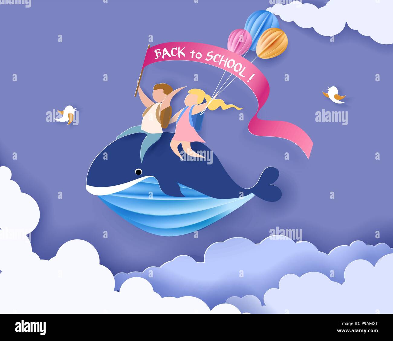 Back to school 1 september card with kids sitting on whale flying in ...
