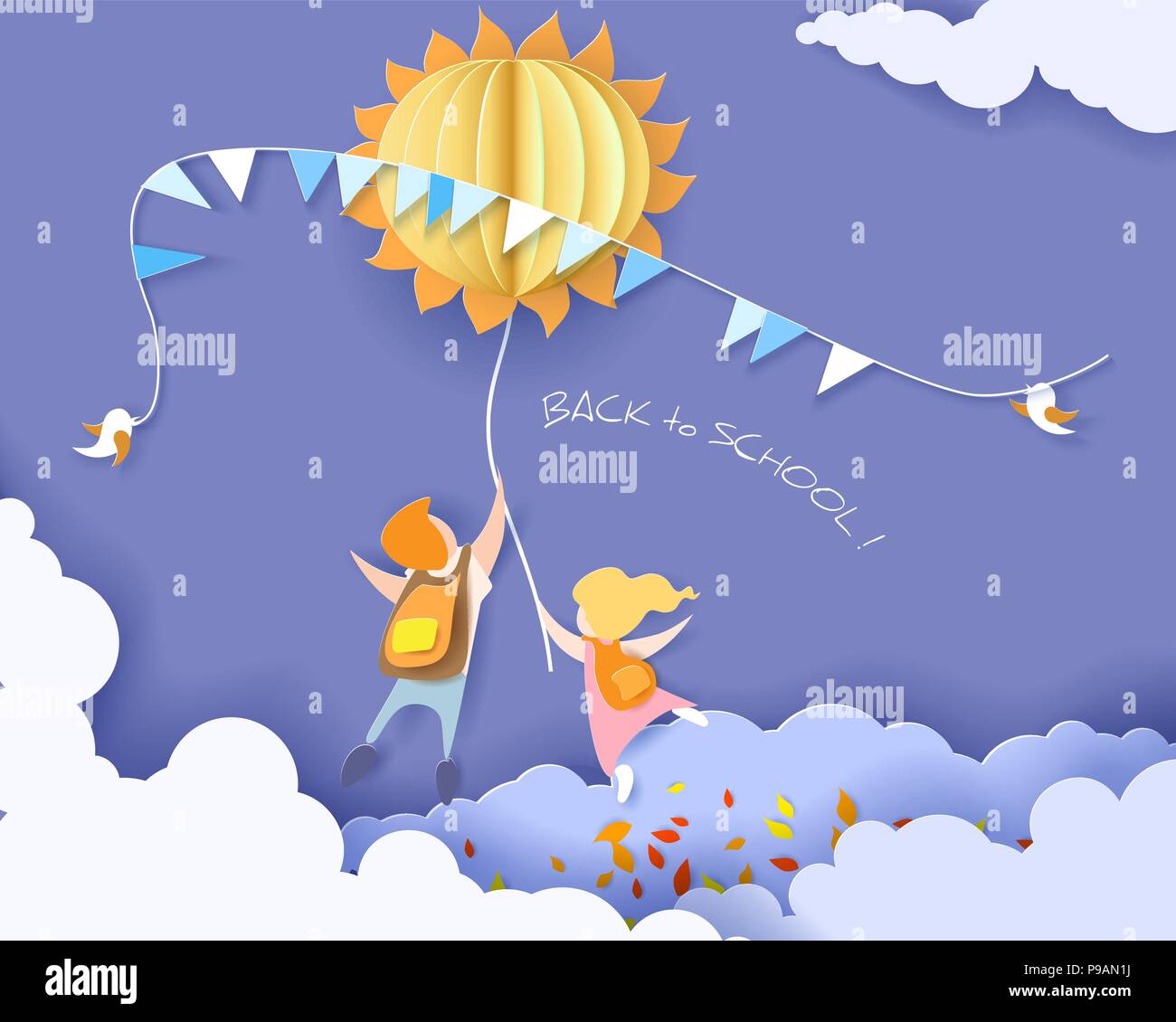 Back to school 1 september card with kids, leaves and sun on blue sky ...
