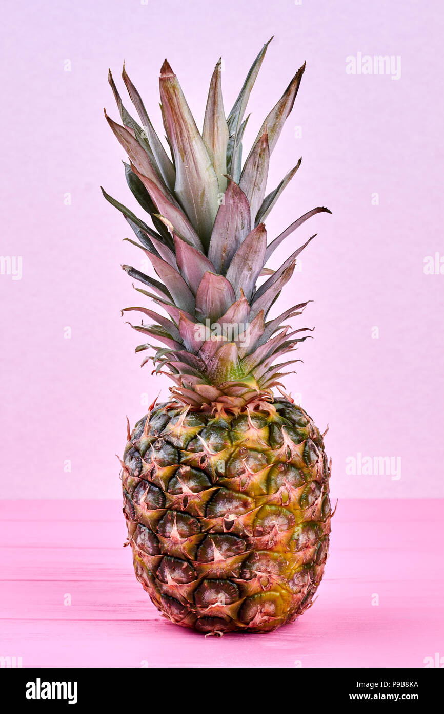 Whole pineapple fruit on pink background. Green juicy ananas with stem ...