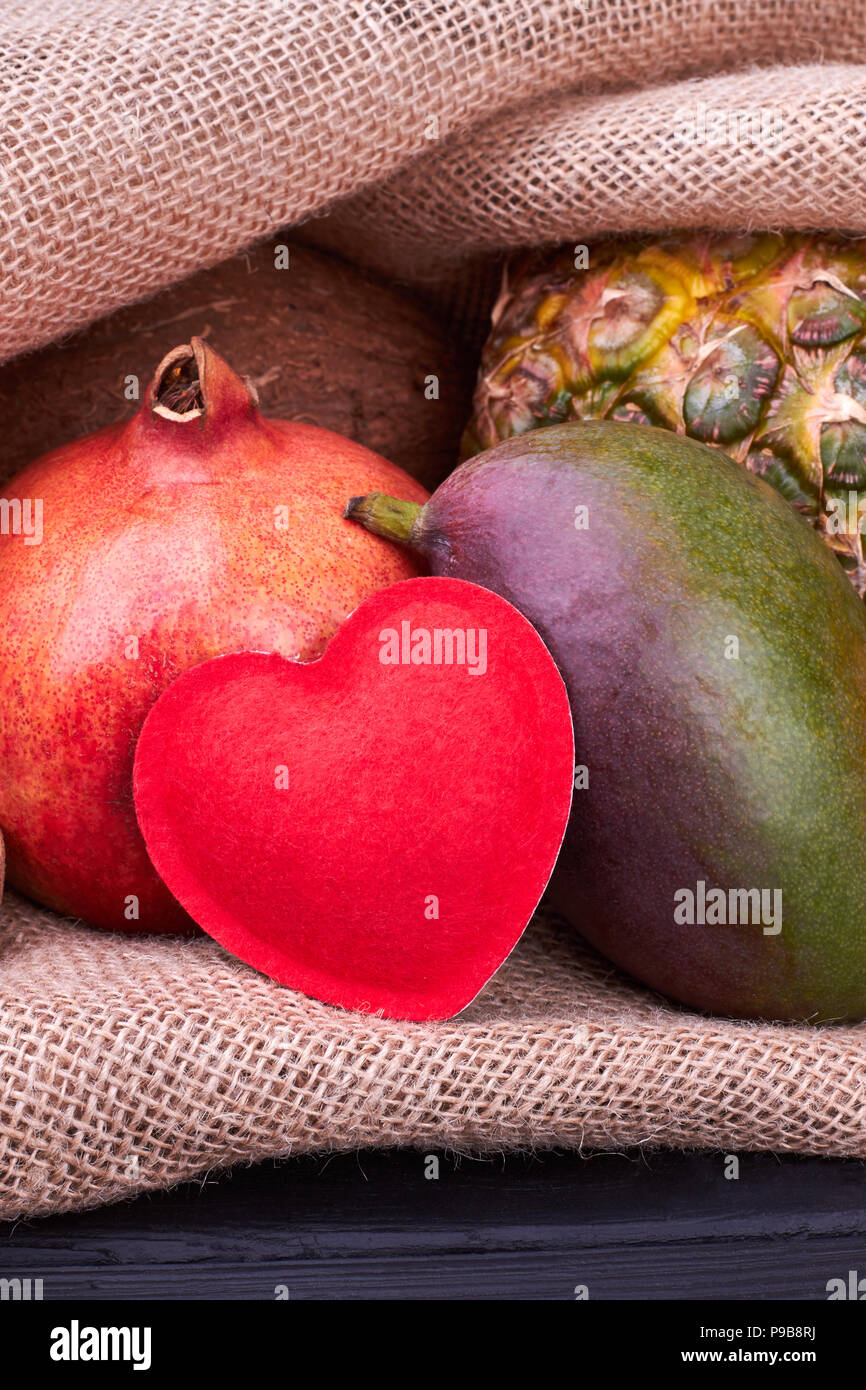 Fresh pomegranate, mango and pineapple. Healthy exotic fruits ...