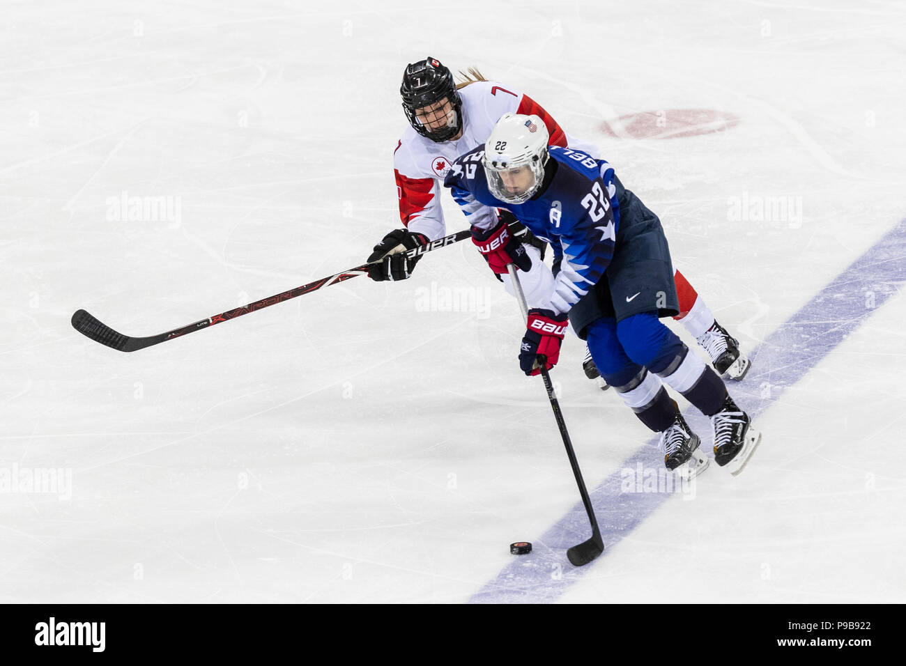 Kacey Bellamy (USA) and Laura Stacey (CAN) during the Gold medal Women ...