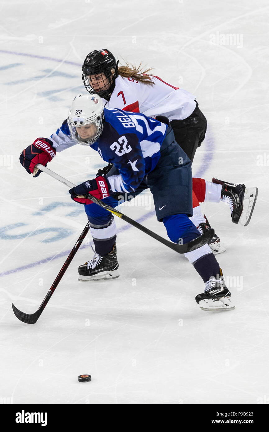 Kacey Bellamy (USA) and Laura Stacey (CAN) during the Gold medal Women ...