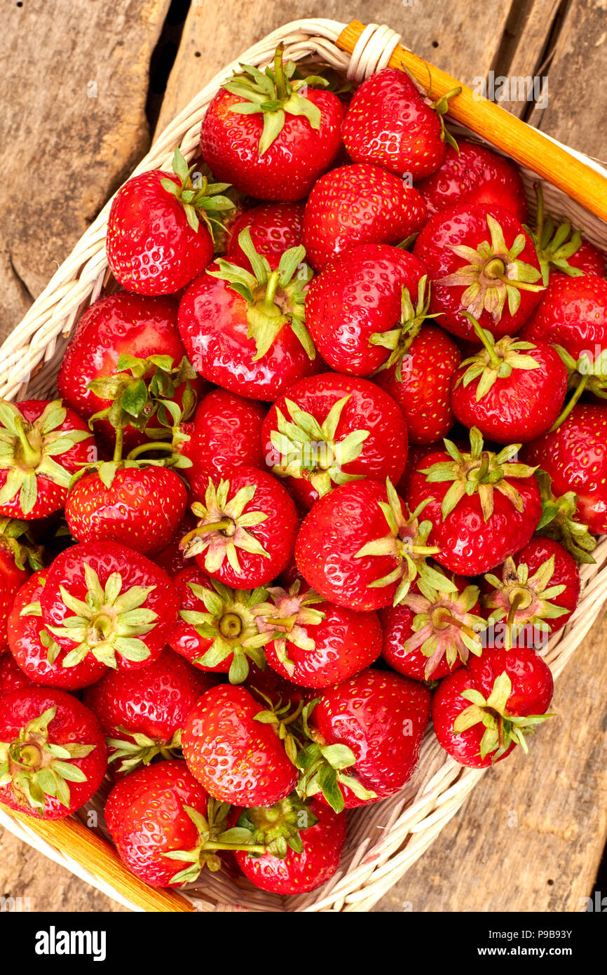 Plenty of fresh strawberry in basket. Ripe tasty strawberries, top view ...