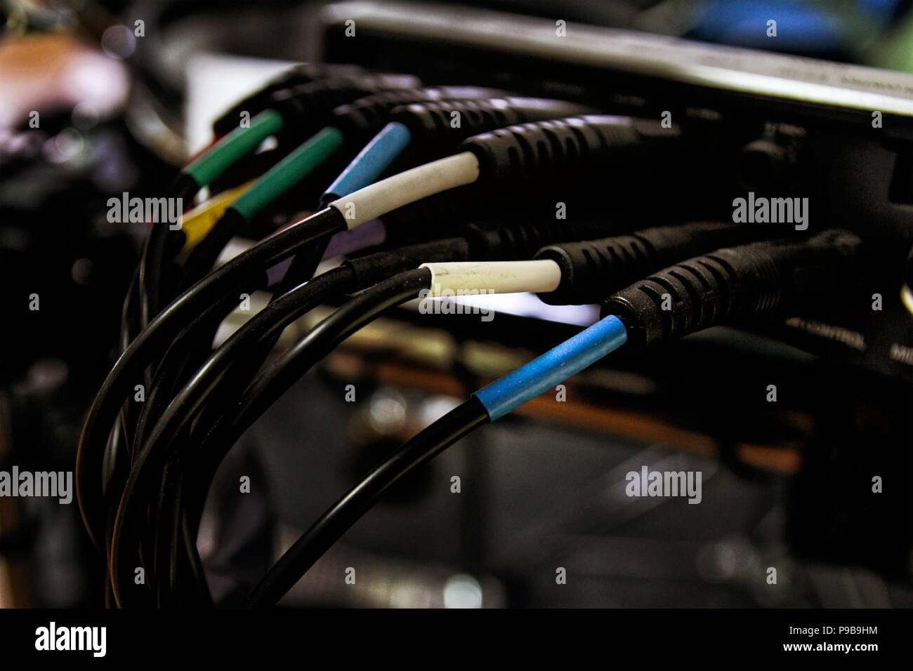 Music audio cables connected to mixing desks Stock Photo - Alamy