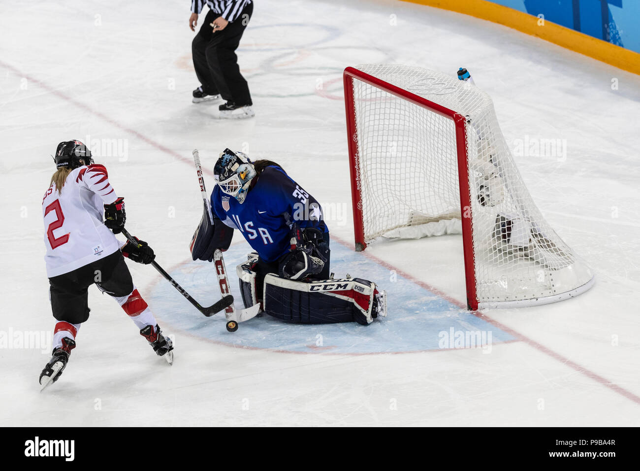 Goalie Maddie Rooney (USA) and Meghan Agosta (CAN) during the Gold ...