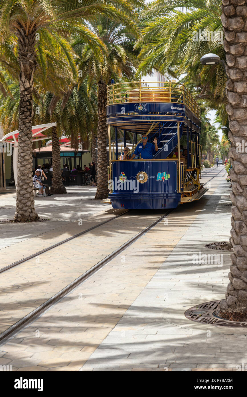 Tourist tram / streetcar in Oranjestad, Aruba, Dutch Caribbean Stock ...