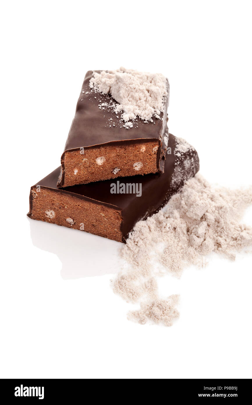 Chocolate protein bar with powder isolated on white background Stock ...