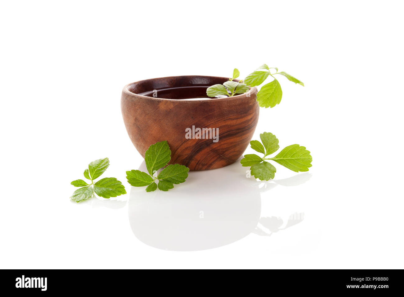 Gynostemma pentaphyllum leaves and tea isolated on white background ...