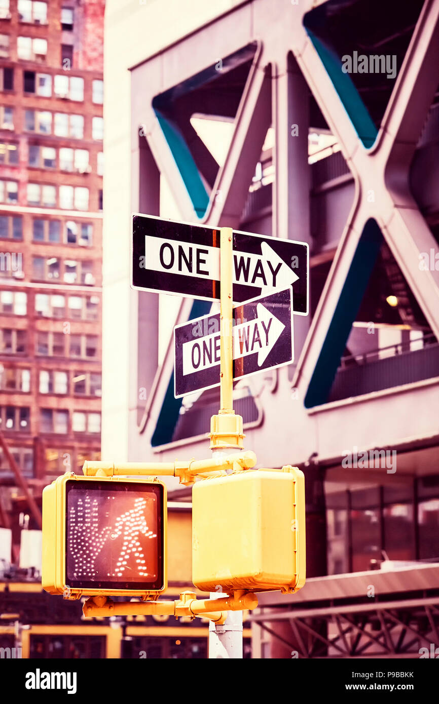 One way street signs, color stylized picture, New York City, USA Stock ...