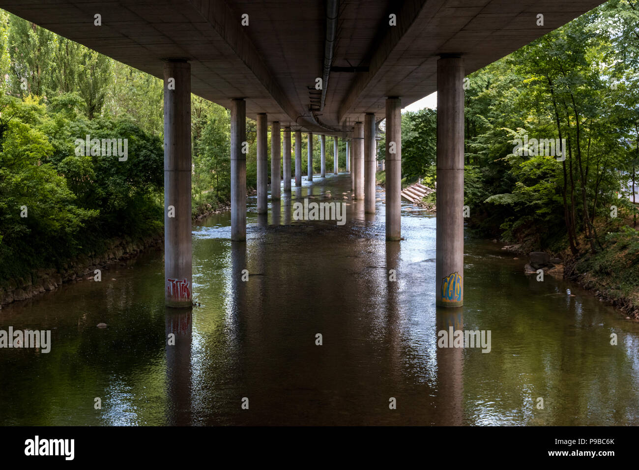 The Sihl River flows under the A3W highway in Zurich, Switzerland Stock ...