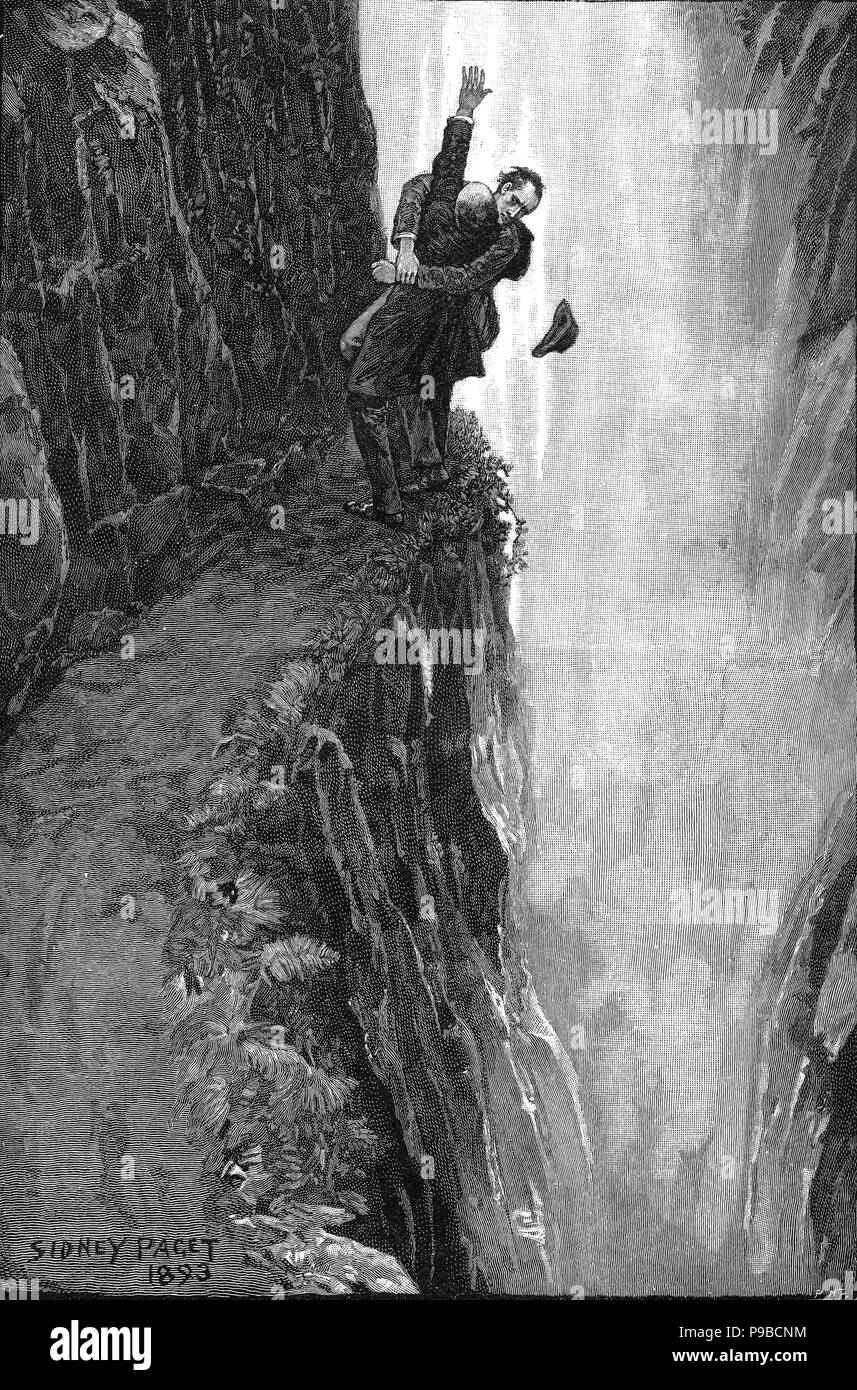 Holmes and Moriarty fighting over the Reichenbach Falls. Illustration ...