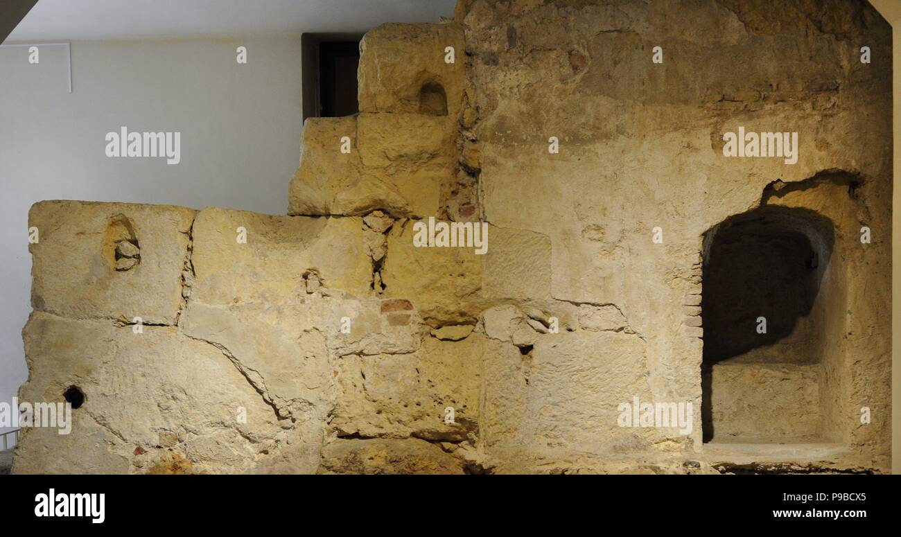 Stretch of Roman wall. Tarragona (ancient Tarraco), Spain. Stone from ...