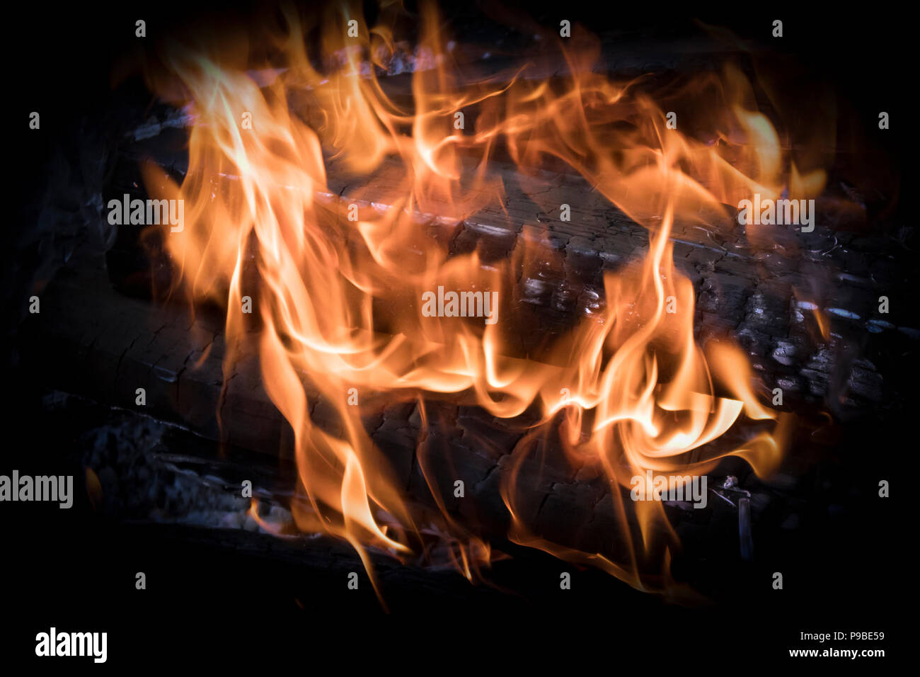 Campfire with blazing fire flames, burnt firewoods and smoke closeup ...