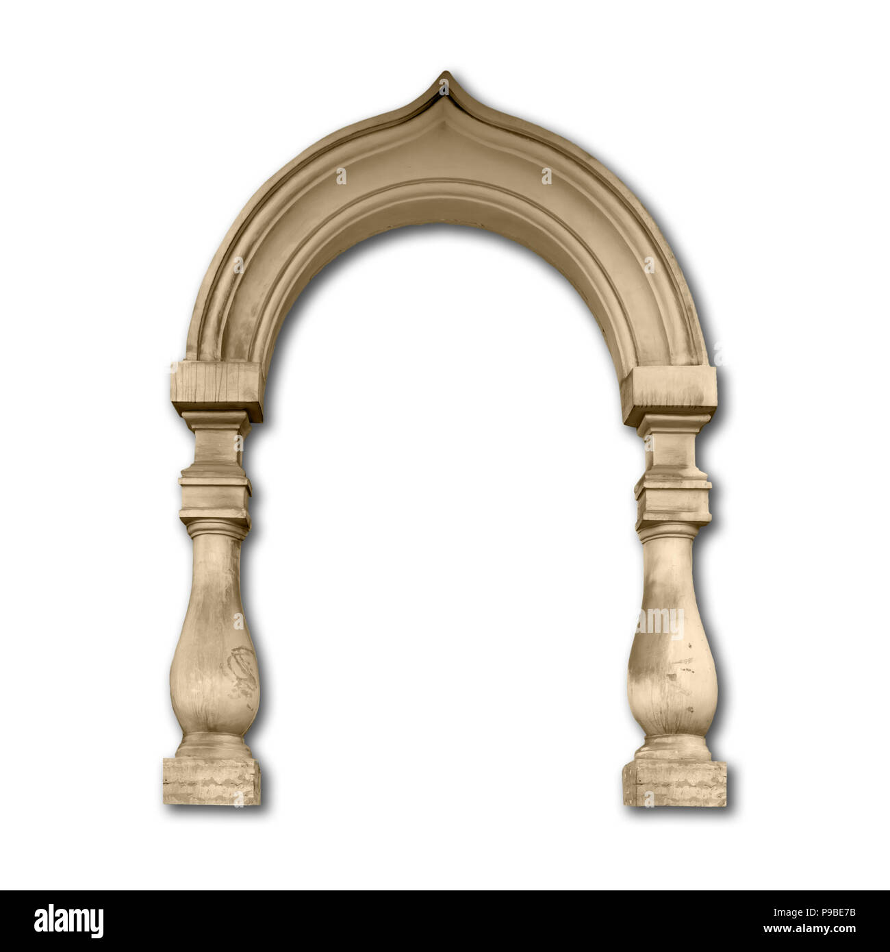 Old door frame, portico entrance with arabic arch and balusters with ...