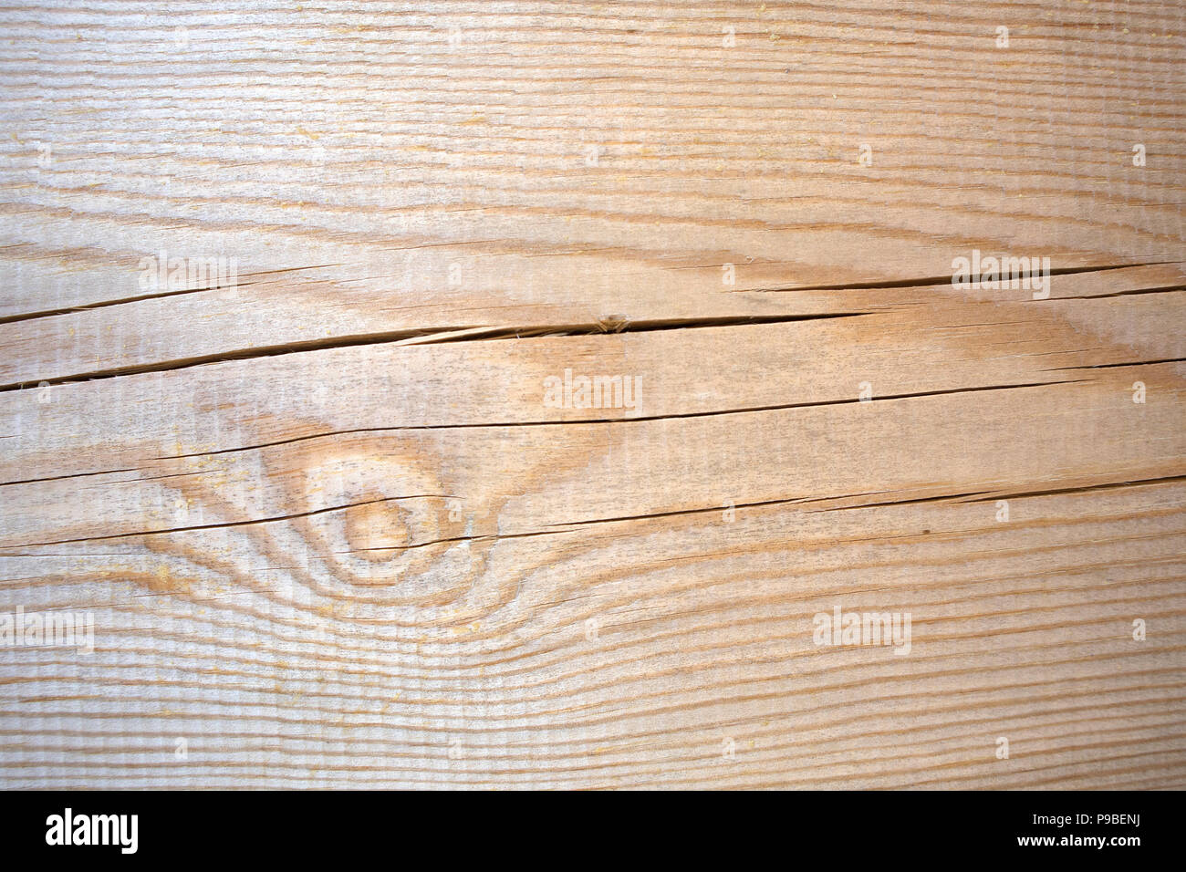 Old wooden planed board surface with knot and big cracks, may be used ...
