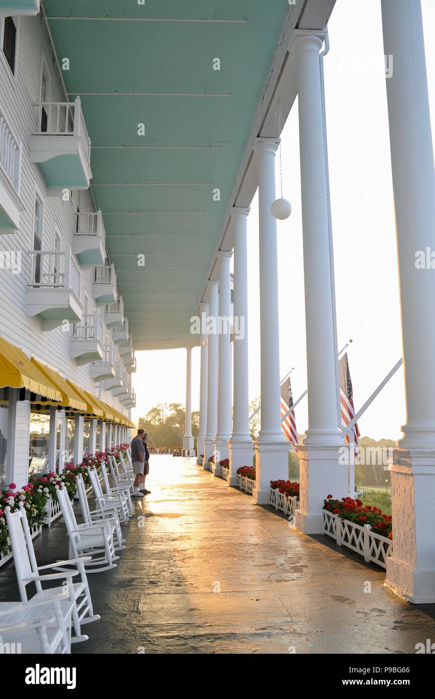 World's longest porch at sunrise at the Historic Grand Hotel on resort ...
