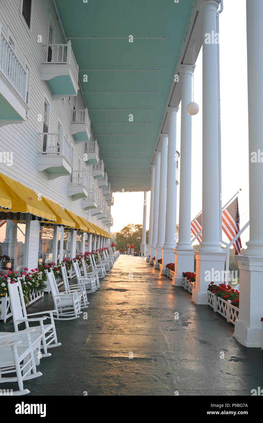 World's longest porch at sunrise at the Historic Grand Hotel on resort ...