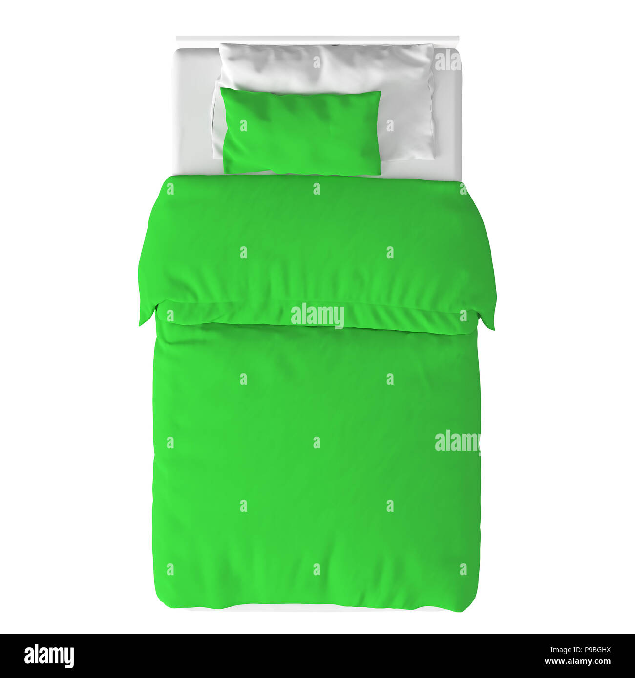 White twin size single bed with green linen isolated on white ...